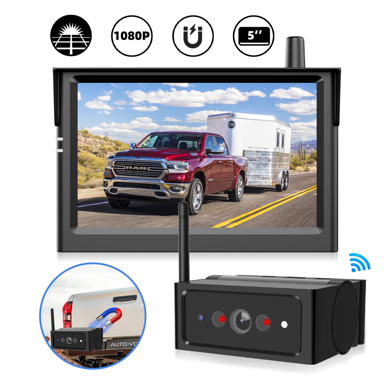 Solar4 B 1080P Magnetic Portable Backup Camera Wireless with 5" Monito ...